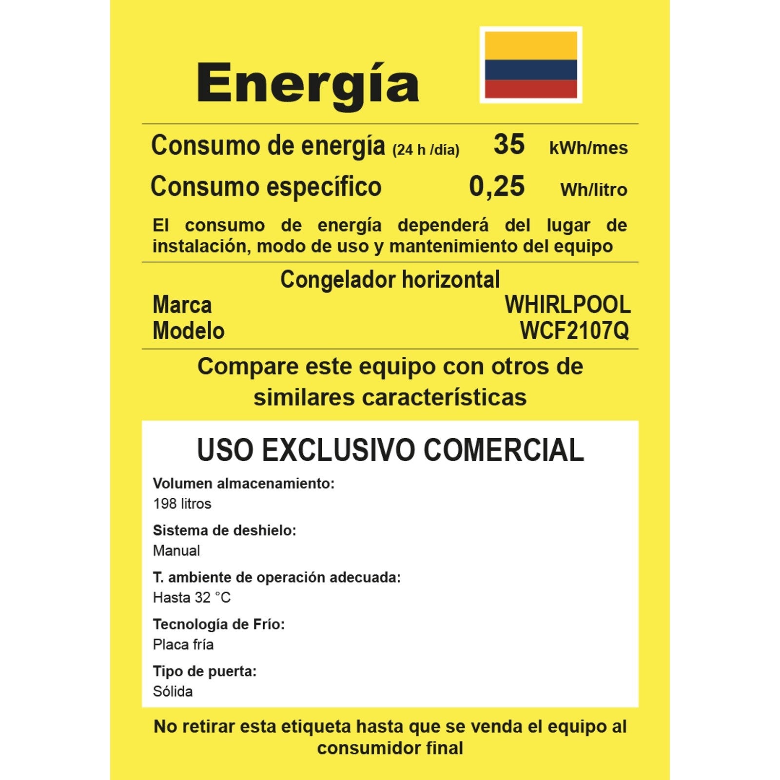 Congelador Horizontal Whirlpool WCF2107Q - Congelador de 198 Litros Bl